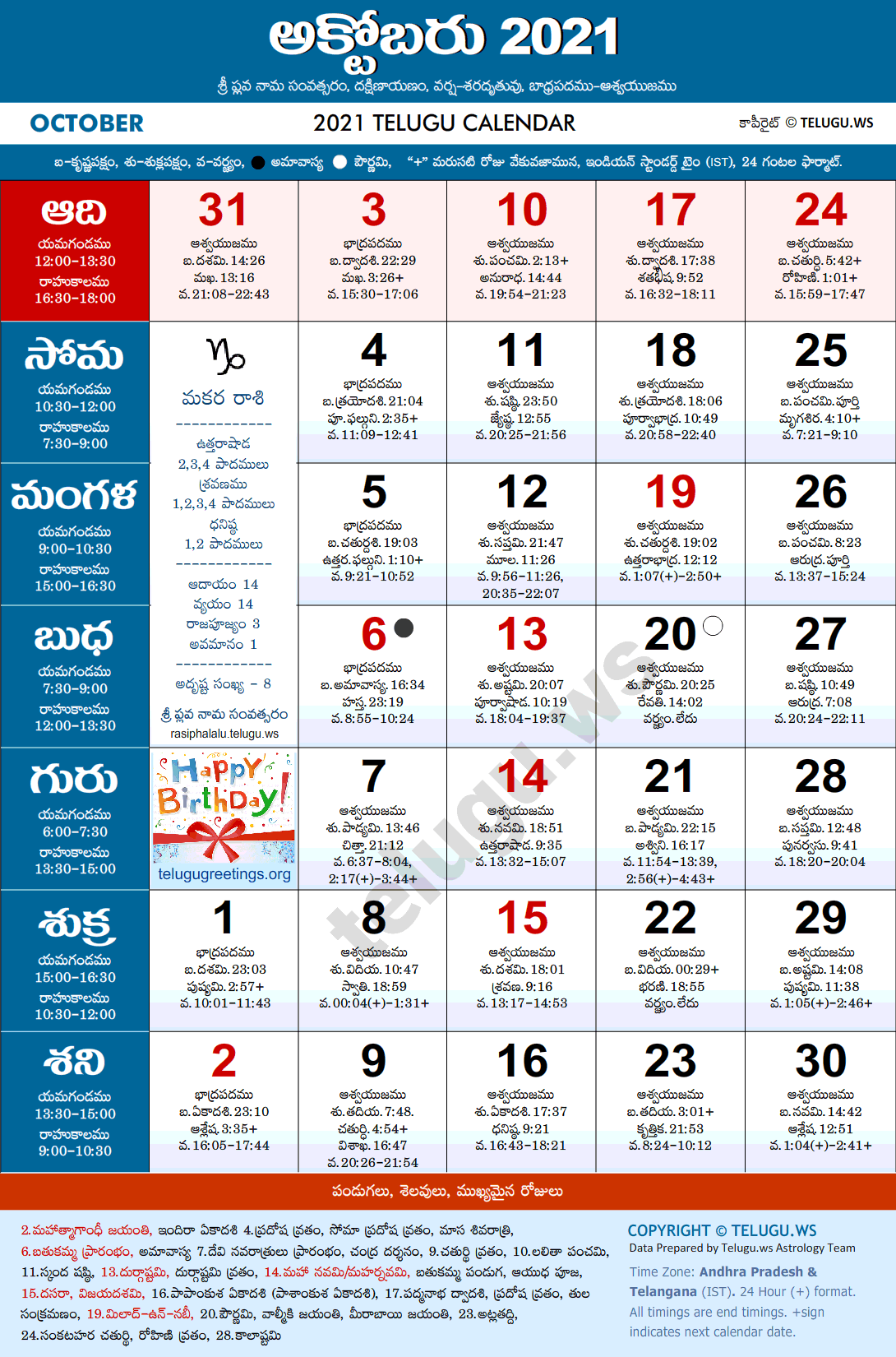 Telugu Calendar 2021 October PDF Print With Festivals Holidays List